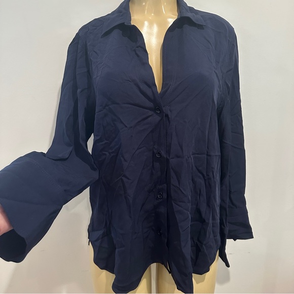Zara | Tops | Zara Navy Blue Blouse Sz L Long Sleeves Button Front ...